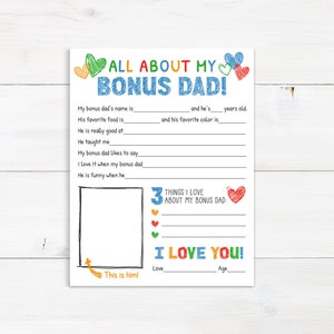 Fathers Day Gift Bonus Dad, All About My Bonus Dad Printable, Fill in ...