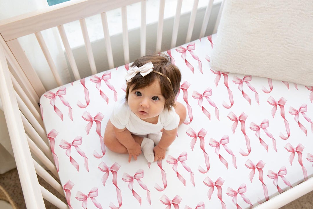 Pink Bow Crib Sheets Girl, Pink Crib Bedding Girl, Mini Crib Sheet ...