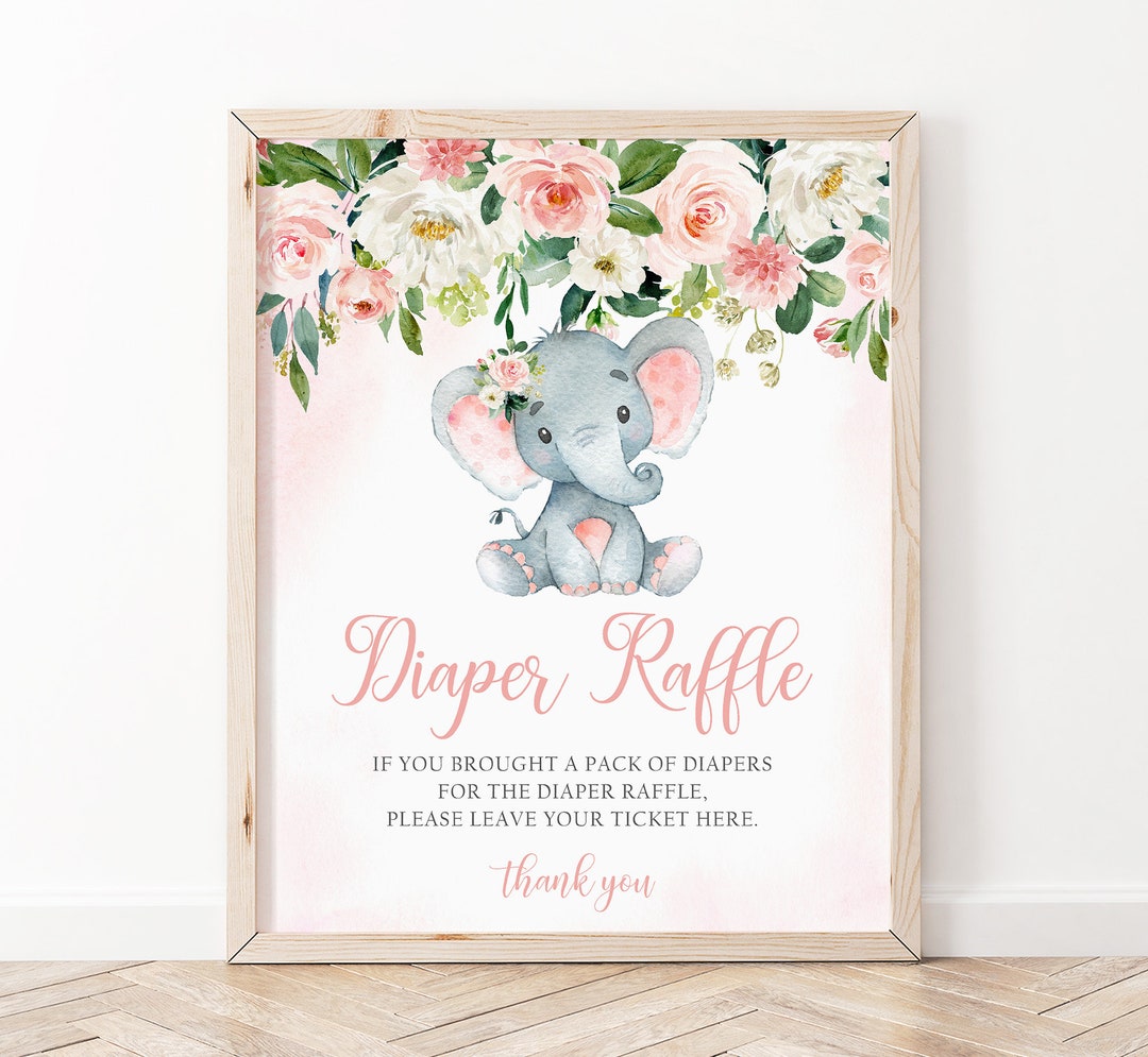 Diaper Raffle Sign, Elephant Baby Shower Sign, Pink Floral Baby Shower ...