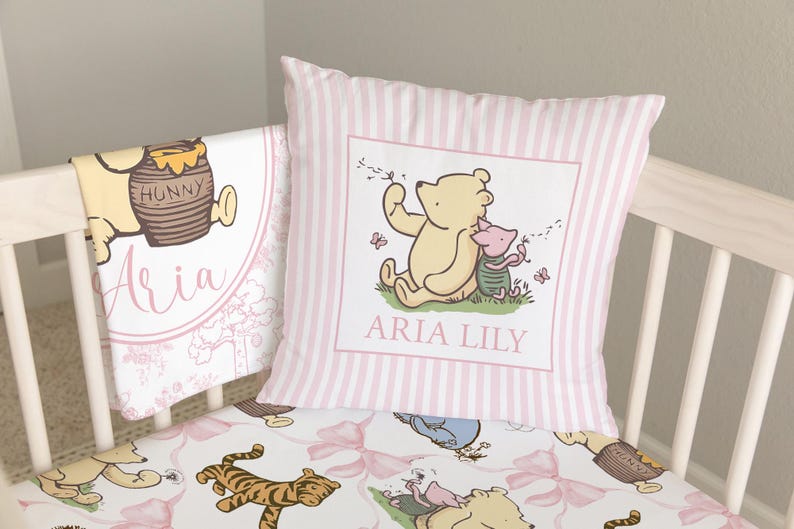 Winnie-the-pooh Crib Set, Pink Bow Bedding Set, Pink Baby Girl Bedding ...
