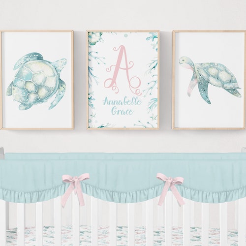 Sea Turtle Nursery Prints Personalized Nursery Wall Art Set - Etsy