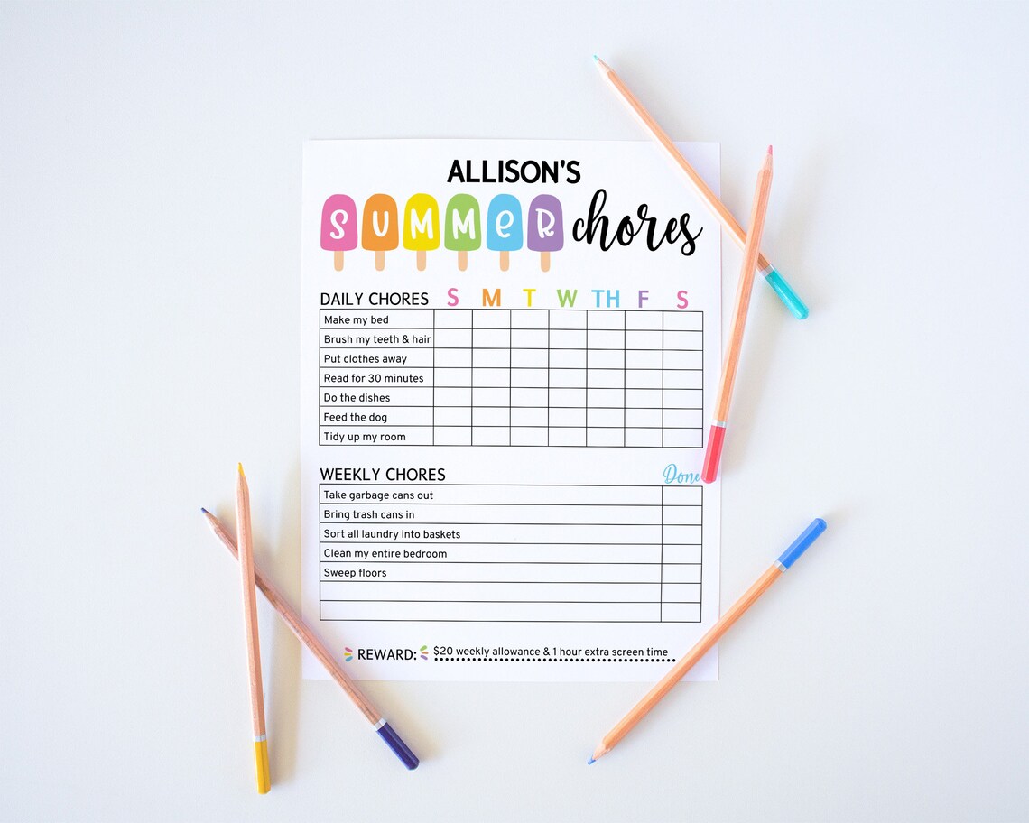 Editable Summer Chore Chart, Printable Chore Chart for Kids, Summer ...