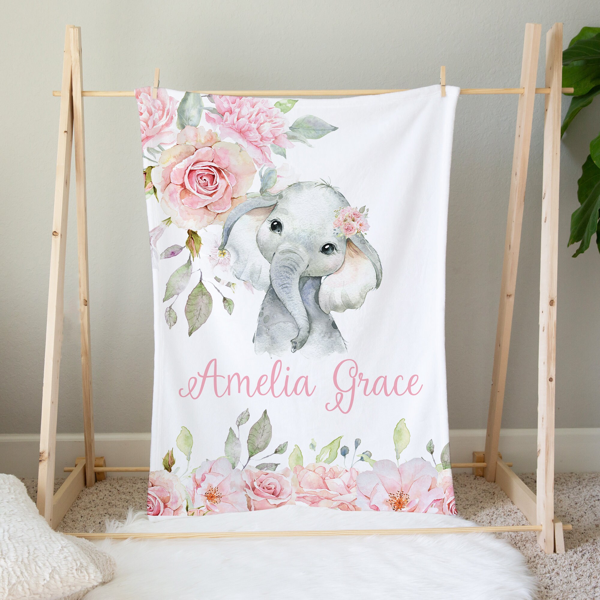 Personalized Elephant Blanket Pink Floral Elephant Baby - Etsy