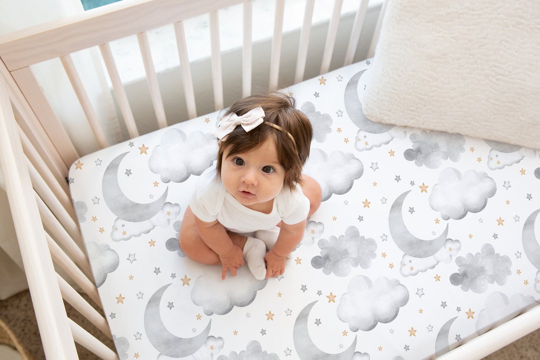 Moon and Stars Crib Sheet, Gender Neutral Crib Sheet, Gender Neutral Baby Bedding, Cloud Crib ...