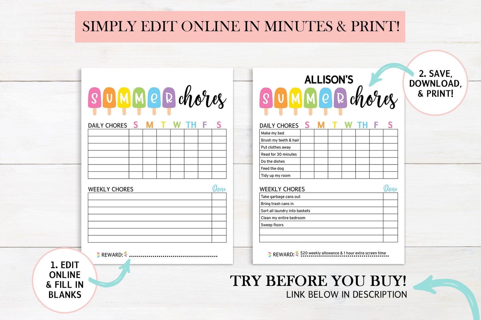 Editable Summer Chore Chart, Printable Chore Chart for Kids, Summer ...