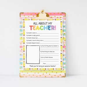 All About My Teacher, Teacher Appreciation Week Printable, Teacher ...