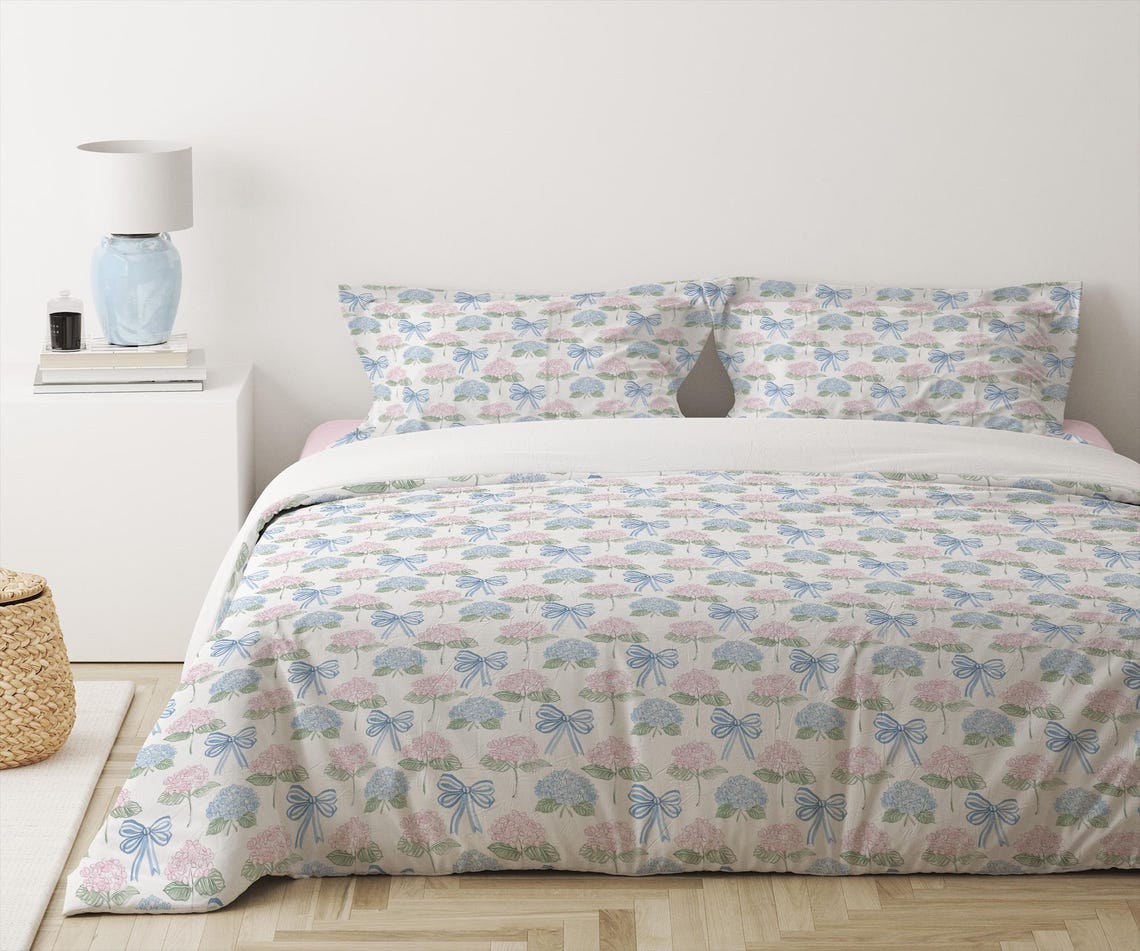 Floral Coquette Bedding Set, Preppy Bow Comforter, Pink Blue Dorm ...