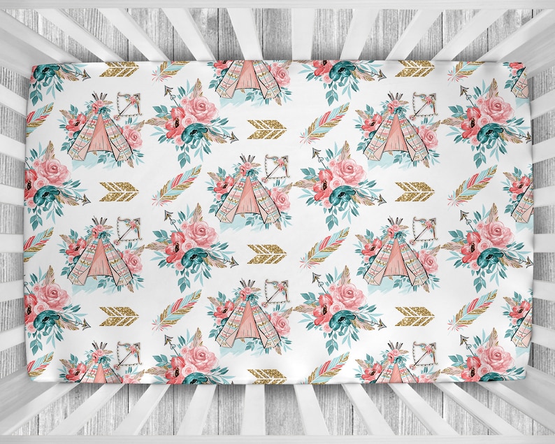 Boho Crib Bedding Set Baby Girl Crib Bedding Teepee Floral - Etsy