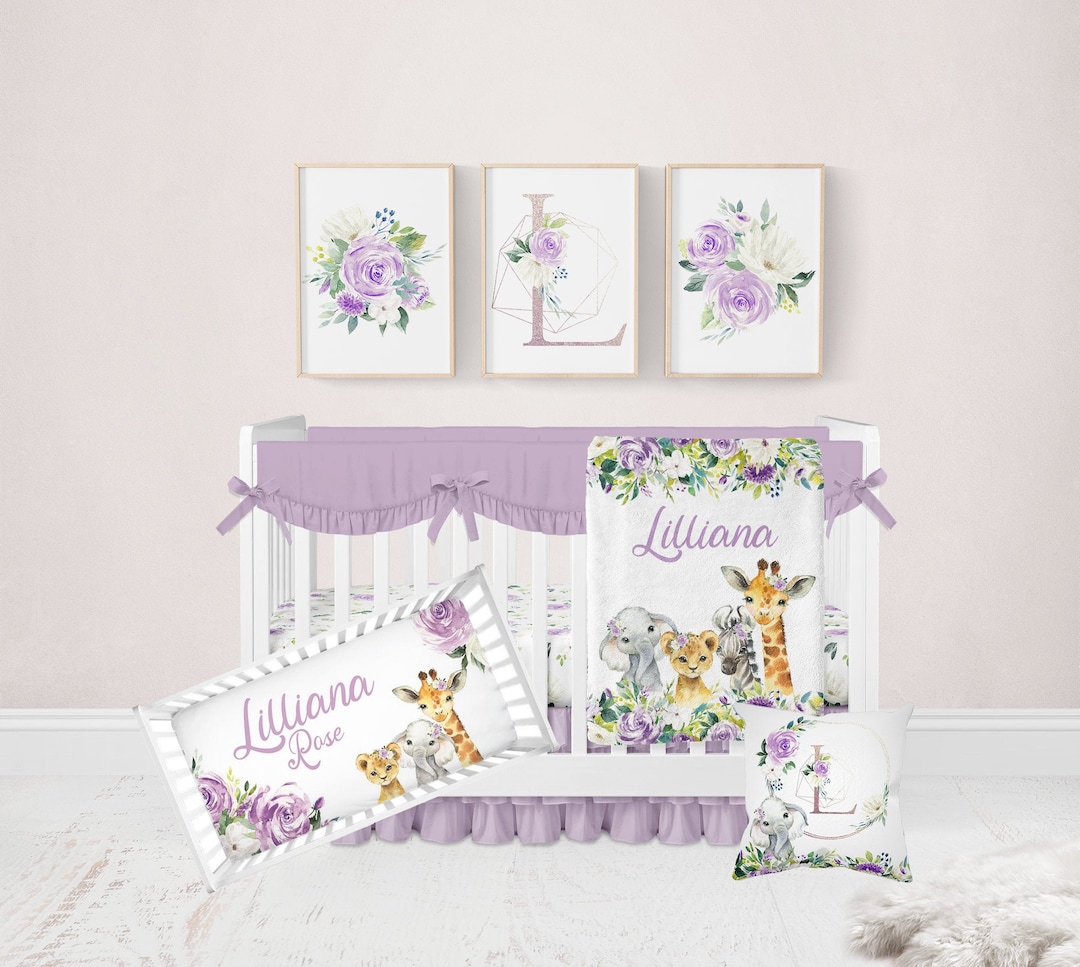 Safari Crib Bedding Set, Purple Crib Bedding, Floral Crib Bedding ...