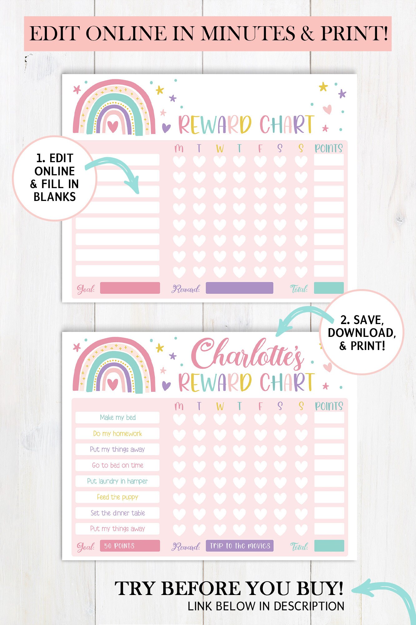 Editable Rainbow Reward Chart, Girl Rainbow Behavior Chart Printable ...