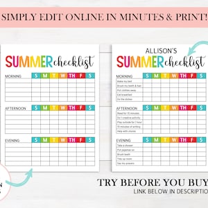 Editable Summer Daily Checklist for Kids, Daily Summer Routine, Kids ...