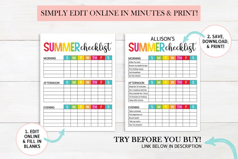 Editable Summer Daily Checklist for Kids, Daily Summer Routine, Kids ...
