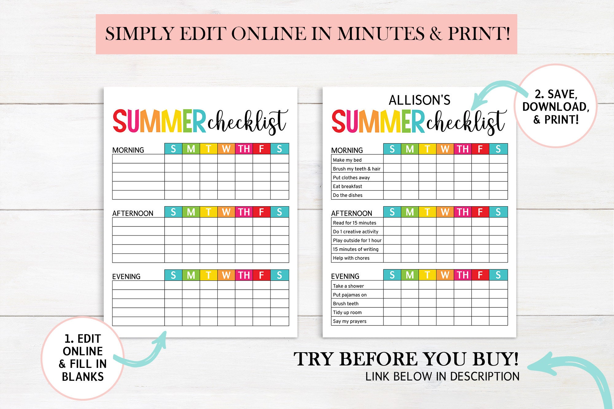 Editable Summer Daily Checklist for Kids, Daily Summer Routine, Kids ...