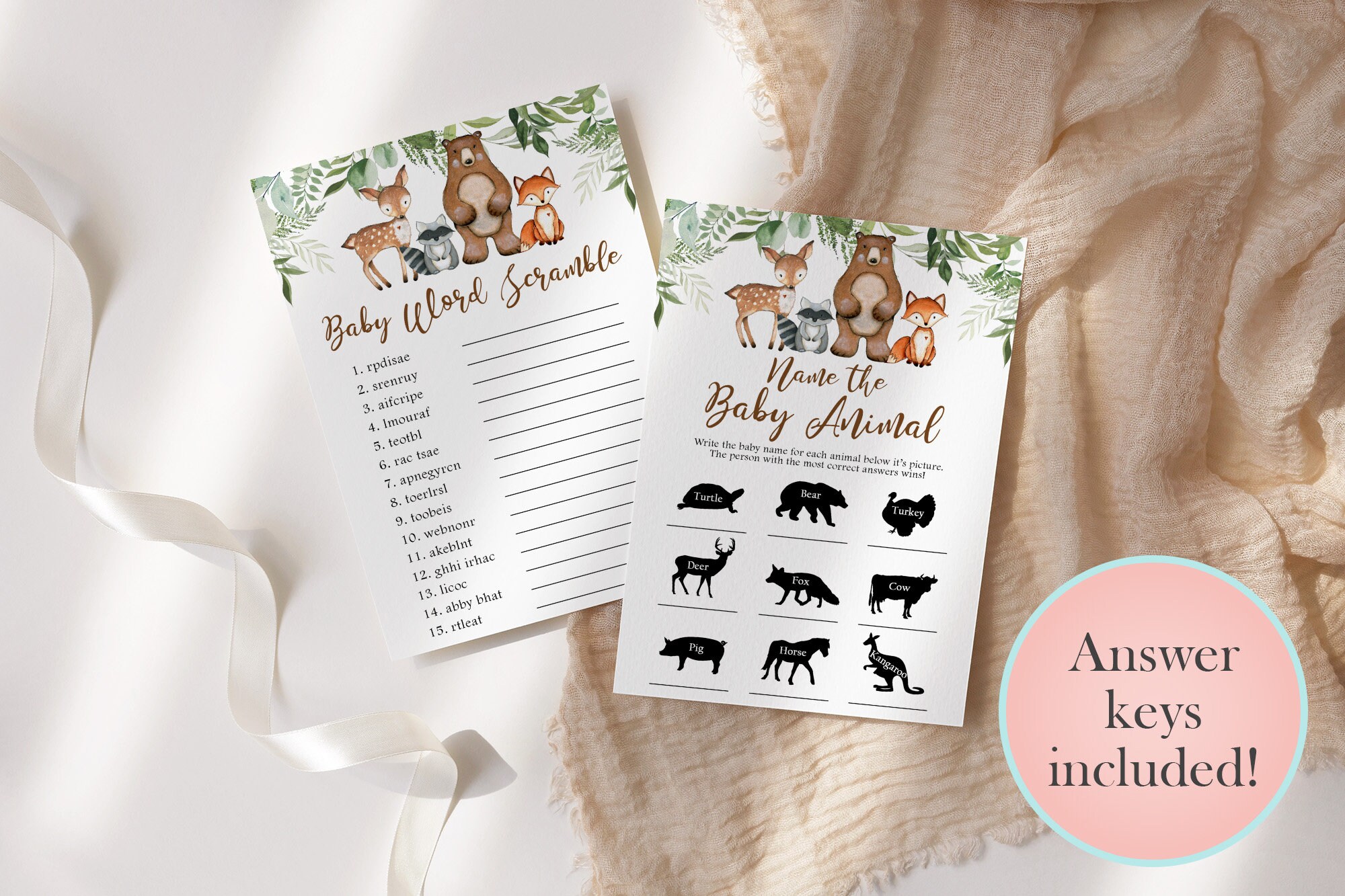 Woodland Baby Shower Games Bundle, Printable Baby Shower Games Pack ...