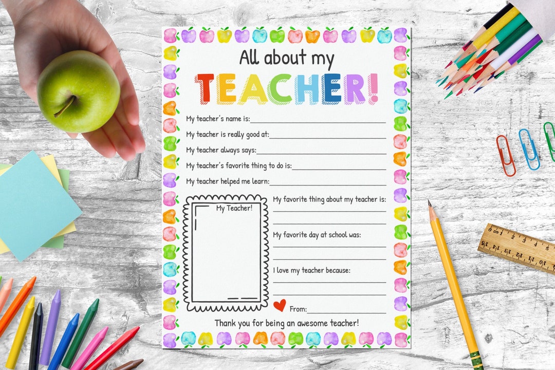 Teacher Appreciation Gift, All About My Teacher Fill In, End of Year ...