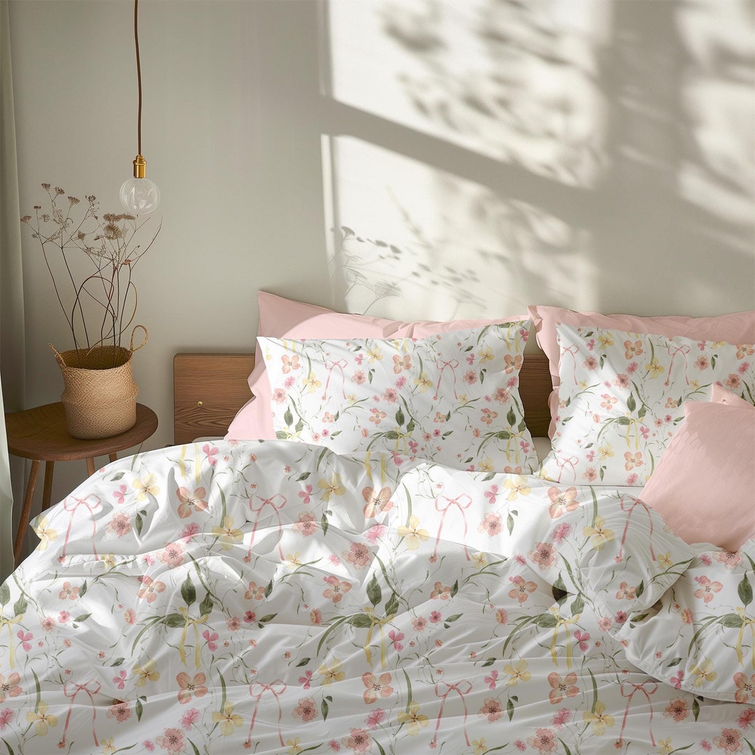 Floral Coquette Bedding Set, Wildflower Duvet Cover Set, Bow Bedding ...