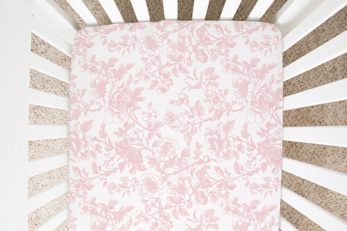 Pink Toile Crib Sheet, Toile De Jouy, Baby Girl Bedding, Pink Floral ...