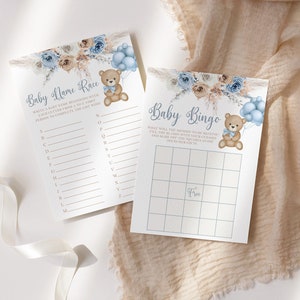 Teddy Bear Baby Shower Games Bundle, Boy Baby Shower Bundle, Blue Boho ...