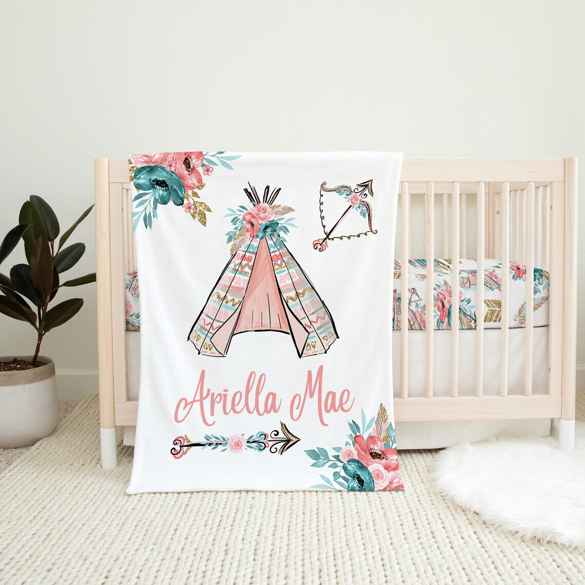 Boho Crib Bedding Set Baby Girl Crib Bedding Teepee Floral - Etsy