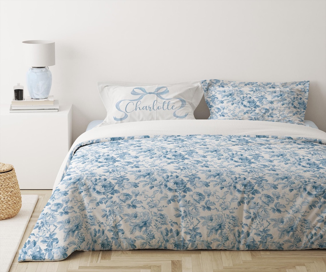 Blue Floral Coquette Bedding Set, Preppy Duvet Cover Set, Blue Bow ...