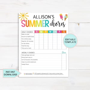 Editable Summer Chore Chart for Kids, Kids Chore Chart Printable, Daily ...