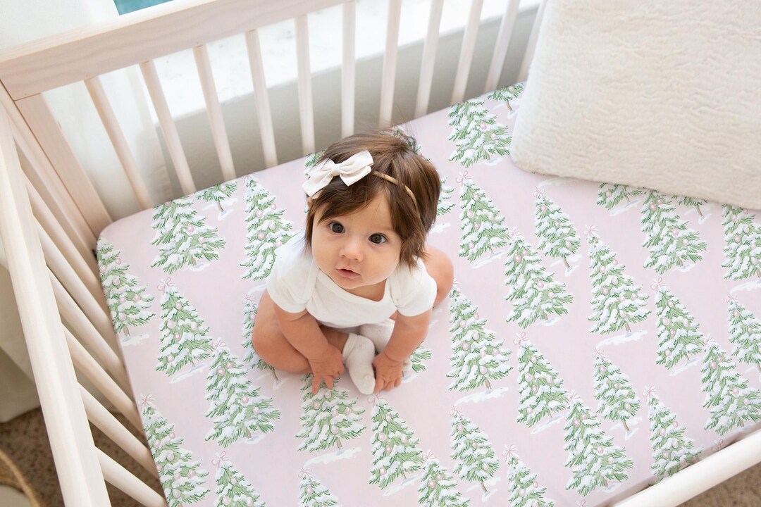 Pink Christmas Crib Sheet, Christmas Crib Bedding Pink and Green ...