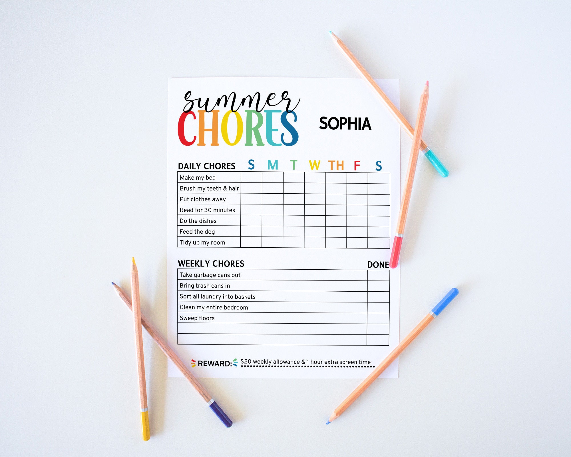 Editable Chore Chart for Kids, Summer Chore List, Screen Time Rewards ...