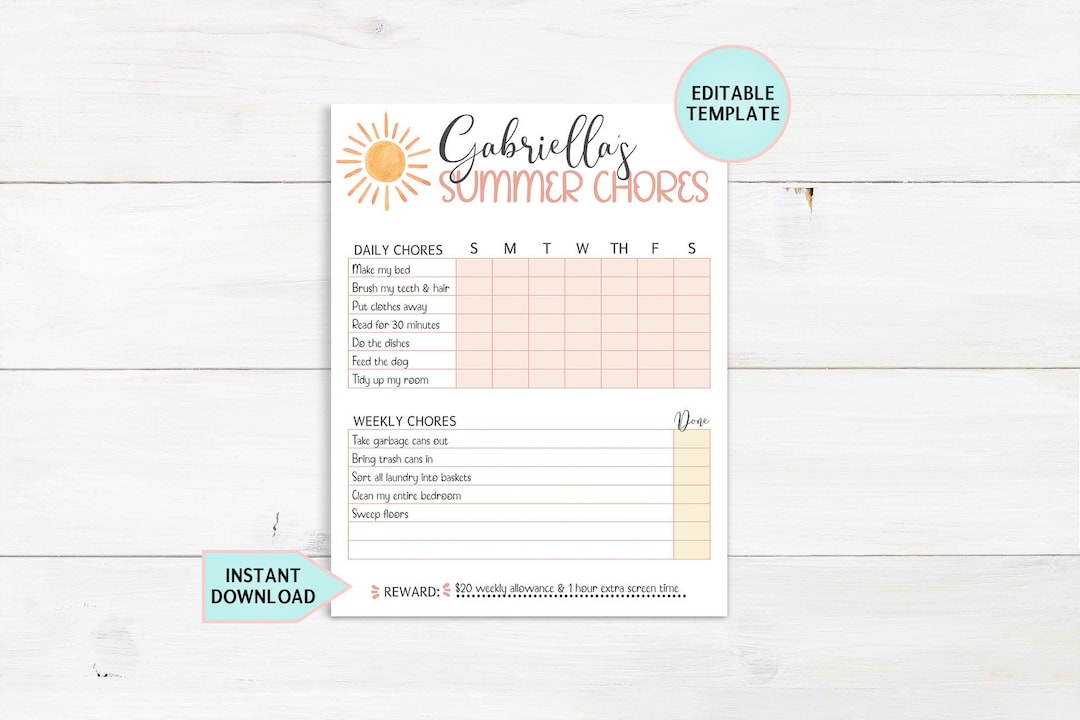 Summer Chore Chart for Kids, Editable Kids Chore Chart Printable, Daily ...