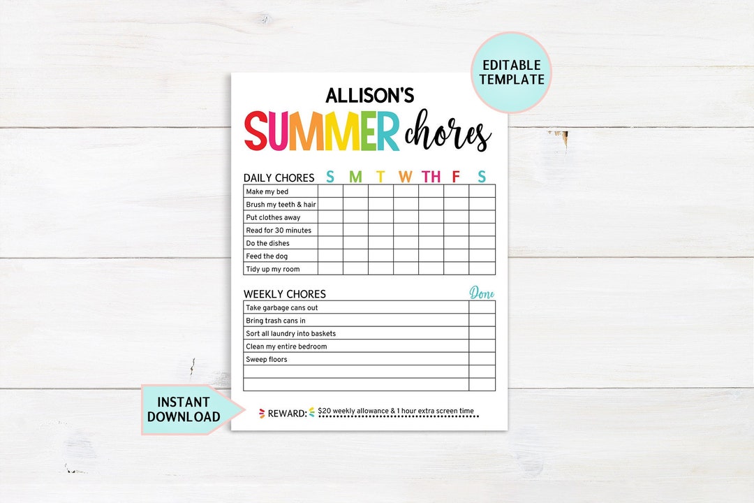 Editable Chore Chart for Kids, Summer Chore Chart, Kids Chores Chart ...