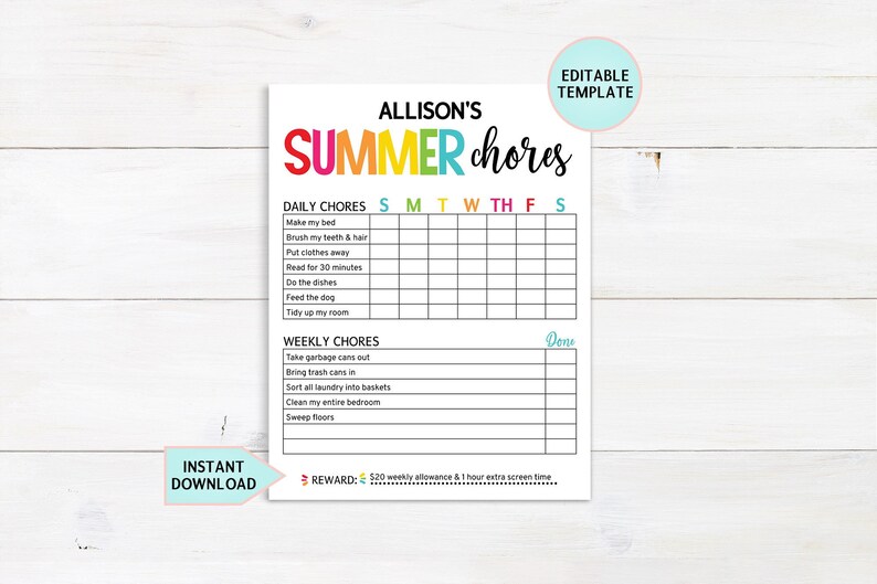Editable Chore Chart for Kids, Summer Chore Chart, Kids Chores Chart ...