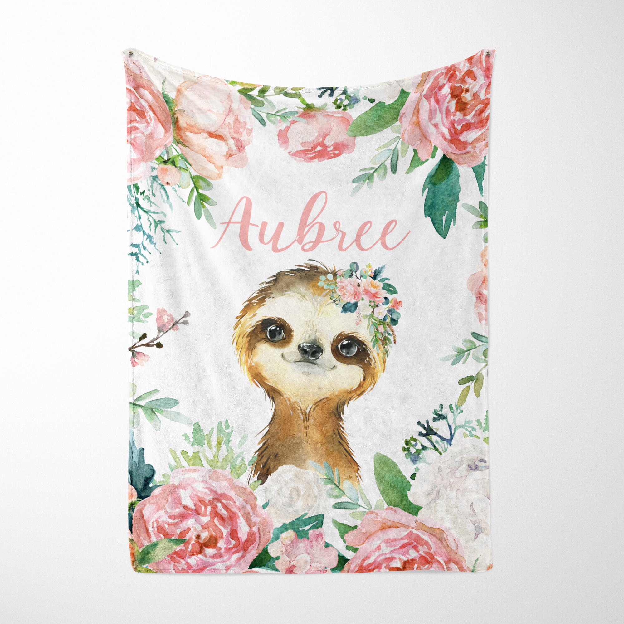 Floral Sloth Baby Blanket, Sloth Nursery, Personalized Name Blanket ...