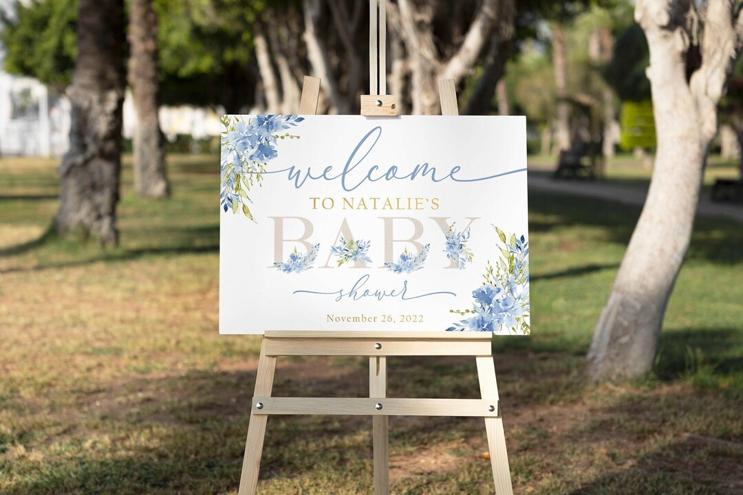 Boy Baby Shower Welcome Sign, Blue Baby Shower Sign Boy, Blue Floral ...