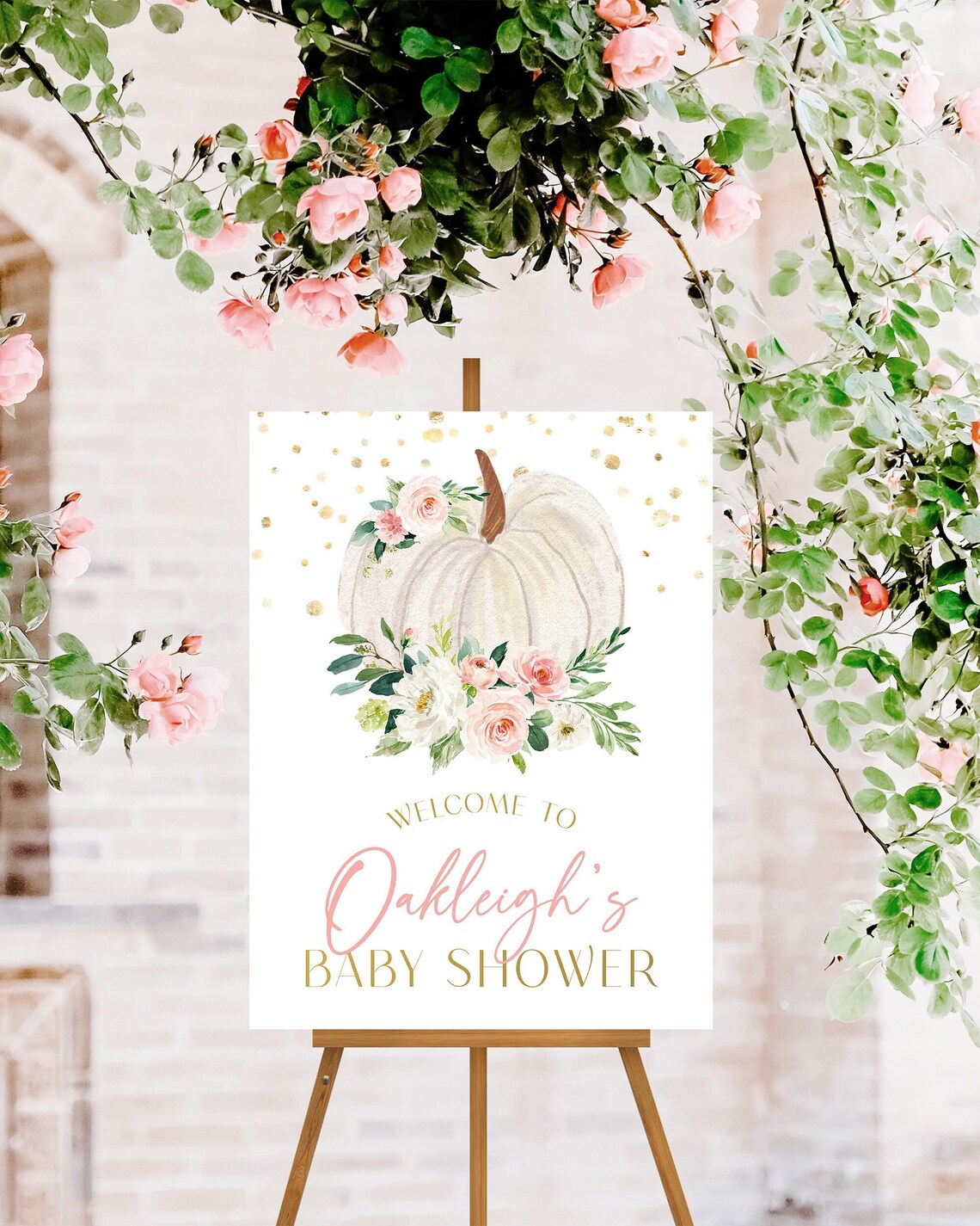 Fall Pumpkin Baby Shower Welcome Sign, Pink and Gold Floral Pumpkin ...