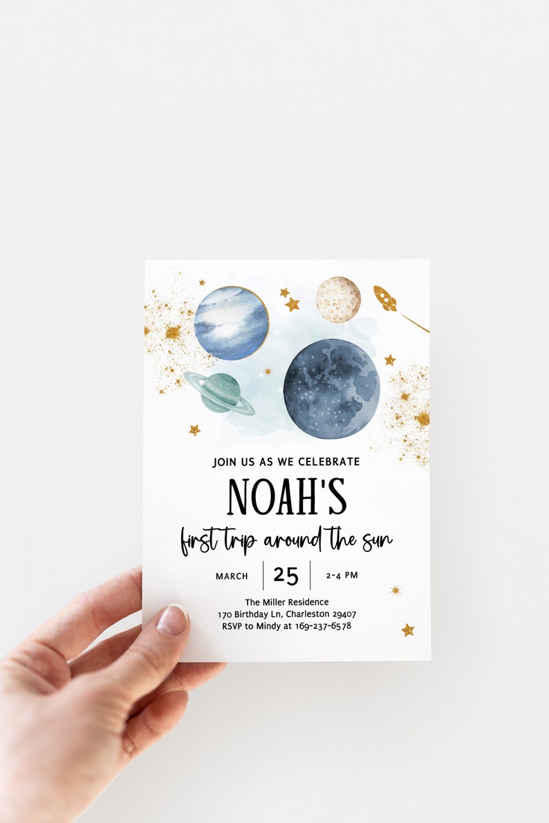 Editable Space Birthday Invitation, First Trip Around the Sun, 1st ...