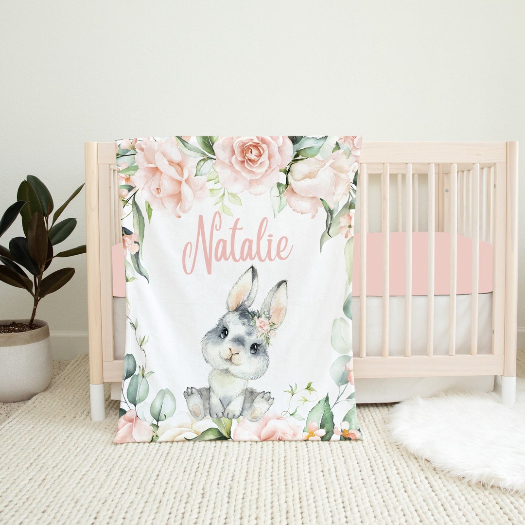 Personalized Bunny Blanket, Pink Floral Baby Blanket, Baby Girl Blanket ...