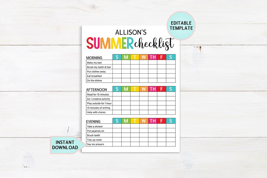 Editable Summer Daily Checklist for Kids, Daily Summer Routine, Kids ...