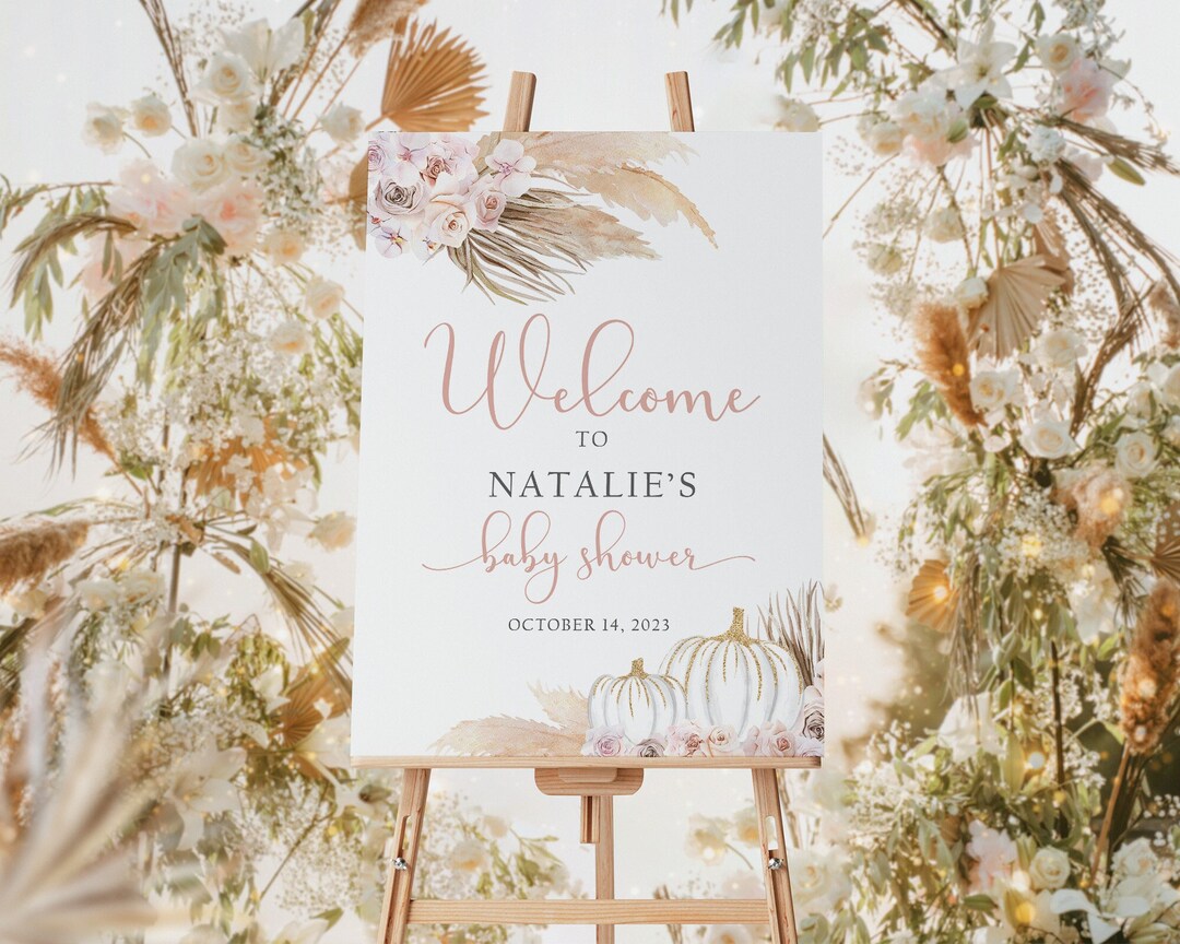 Pink Boho Fall Baby Shower Welcome Sign, Pumpkin Baby Shower Sign Girl ...