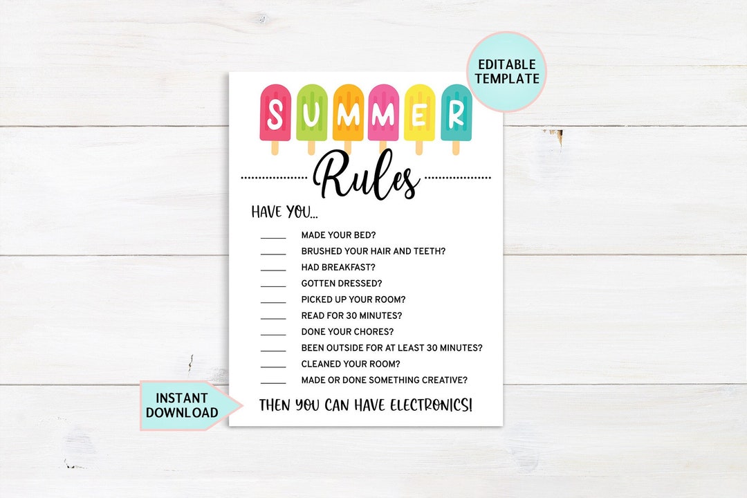 Editable Summer Screen Time Checklist, Screen Time Rules Printable ...