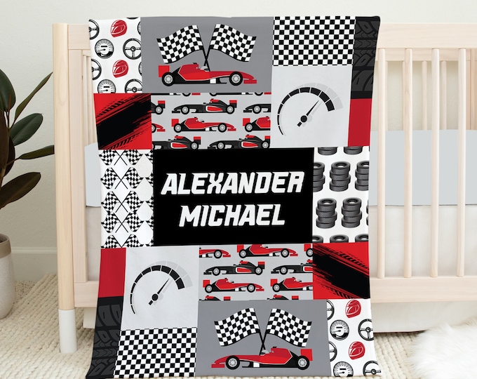 Personalized Race Car Baby Blanket, Baby Boy Custom Name Blanket, Red ...