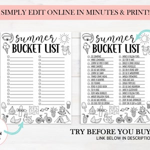 Editable Summer Bucket List Printable, Summer Break Bucket List ...