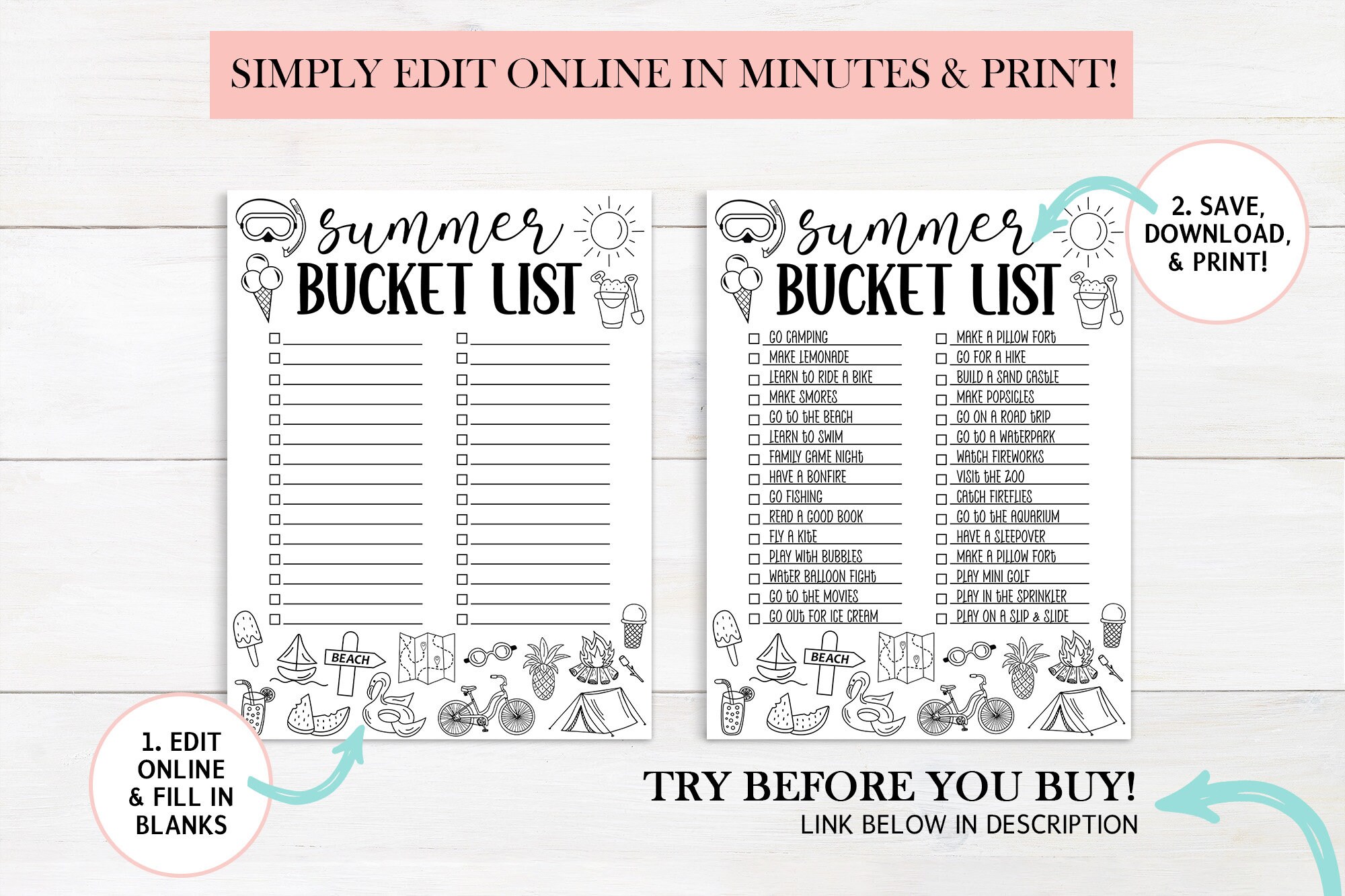 Editable Summer Bucket List Printable, Summer Break Bucket List ...