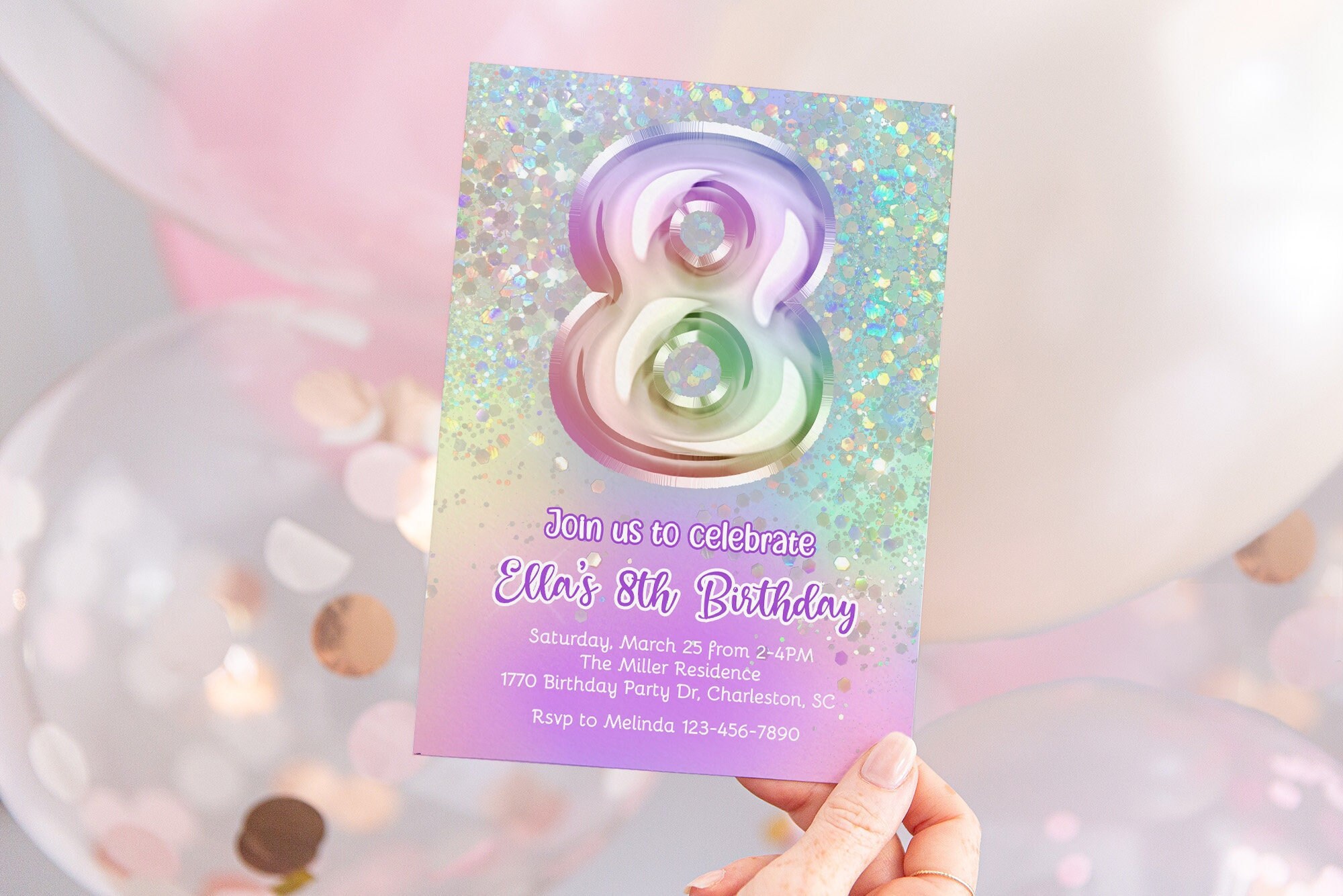 Editable 8th Birthday Invitation Girl, Eighth Birthday Invite for Girl ...