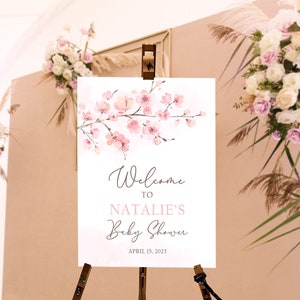 Cherry Blossom Welcome Sign, Pink Floral Baby Shower Welcome Sign, Baby Girl Baby Shower ...