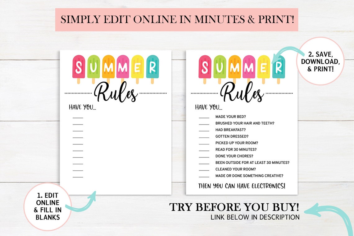 Editable Summer Screen Time Checklist, Screen Time Rules Printable ...