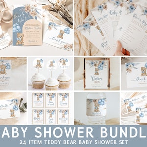Editable Teddy Bear Baby Shower Invitation Bundle Blue Boho - Etsy