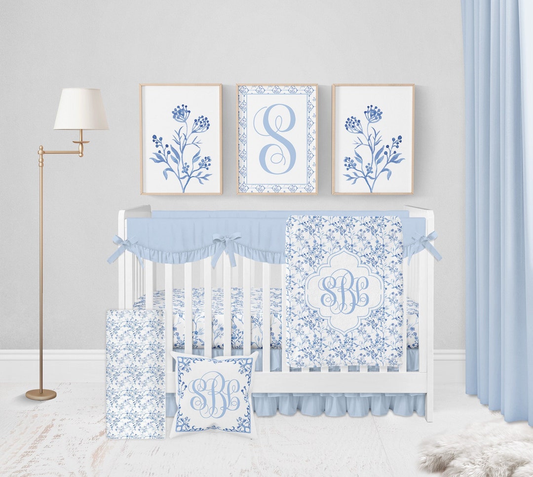 Baby Girl Crib Bedding Set, Blue Toile Crib Bedding, Vintage Floral ...