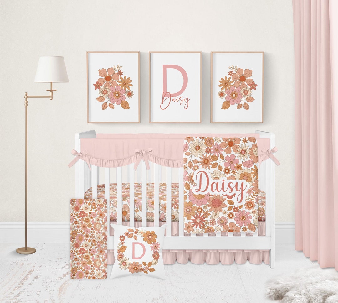 Boho Crib Bedding Set Girl, Pink Floral Nursery Bedding, Boho Baby ...