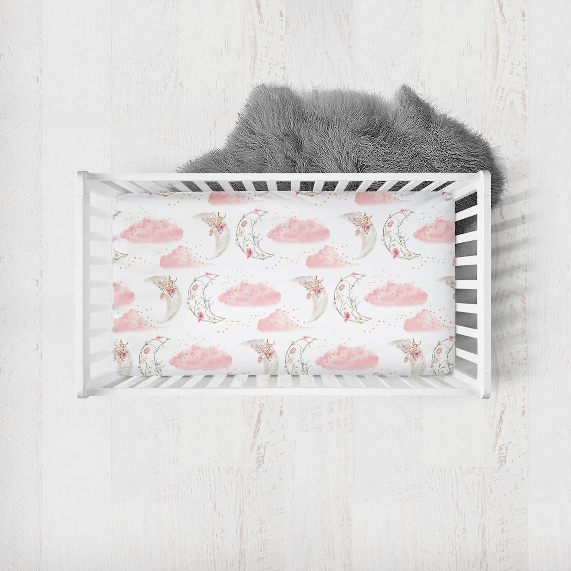 Pink Floral Moon Crib Sheet, Moon Crib Bedding, Moon and Stars Crib ...