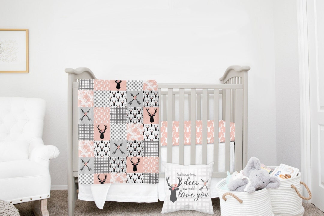 MINI Crib Bedding Set, Baby Girl Deer Crib Bedding Set, Mini Crib ...