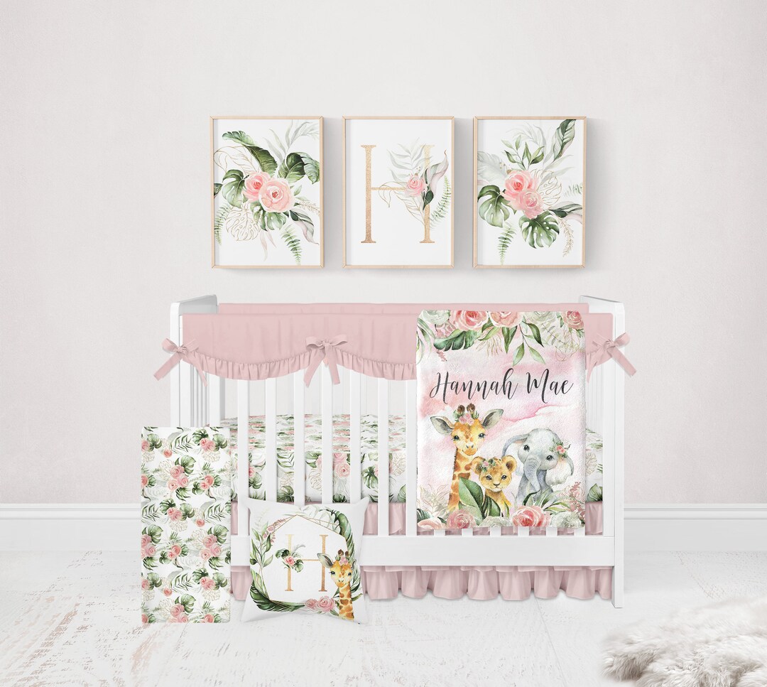 Safari Crib Bedding Set, Baby Girl Crib Bedding, Pink Floral Safari ...
